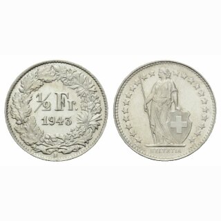 Schweiz 1/2 Franken 1943 B Stehende Helvetia